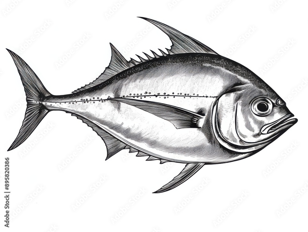 Black and white Vintage engraved art of a pompano isolated on white ...
