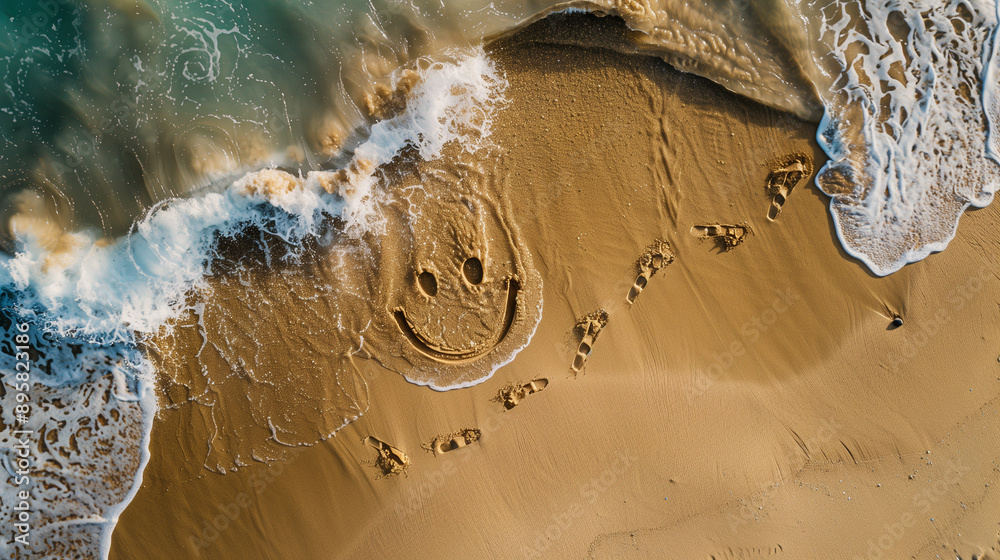 Smiley face drawn in sand with footprints by the ocean waves Stock ...