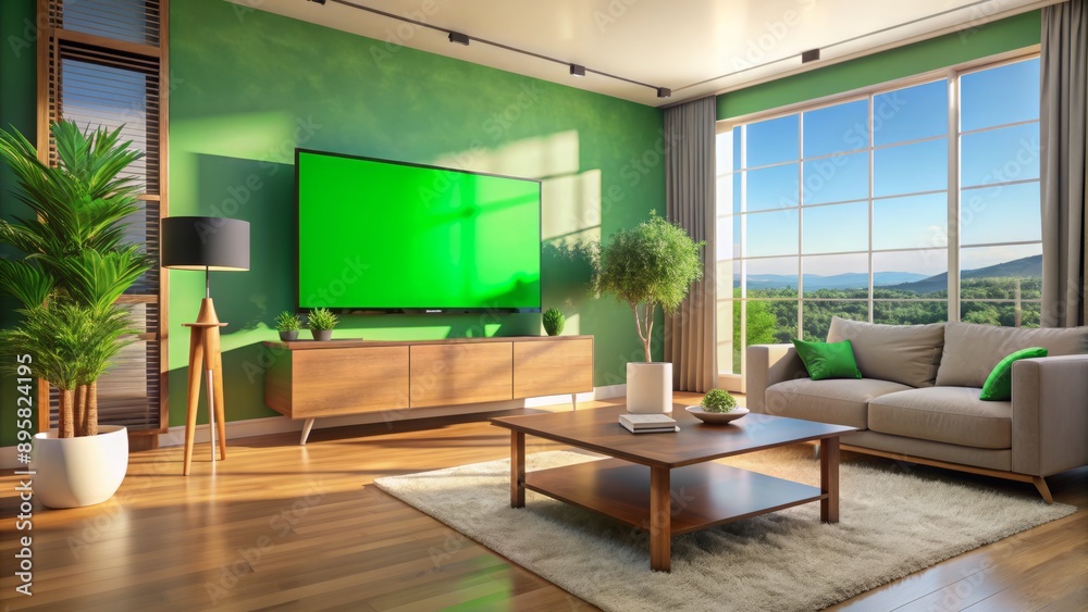 Modern living room television screen displaying chroma key green ...