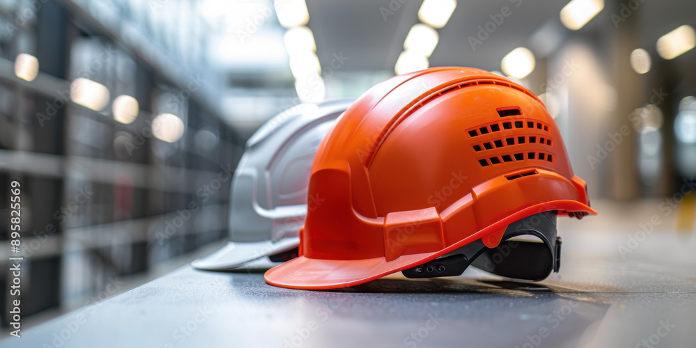Two hard hats, one orange and one gray, placed on a workbench in an ...