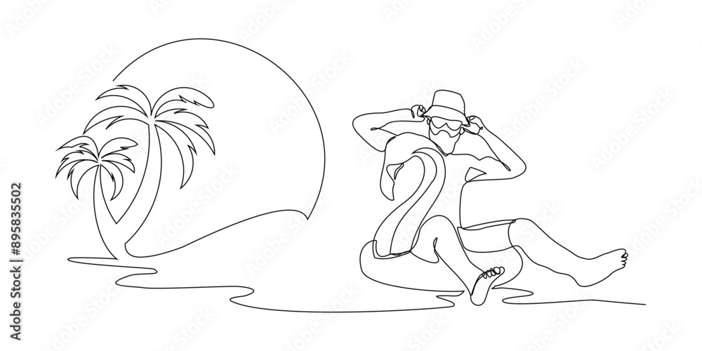 Continuous single line sketch drawing beach vacation summer travel man ...