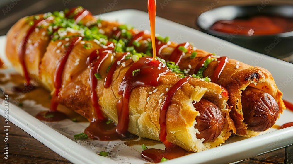 Drizzle ketchup on a Korean-style hot dog. It's a deep-fried flour ...