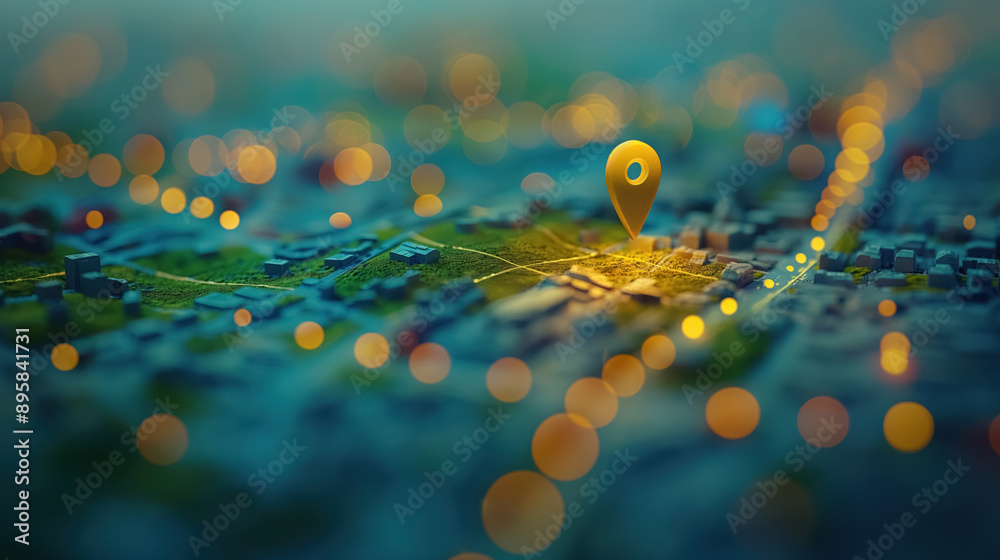Digital map with a glowing location pin marker, surrounded by blurred ...