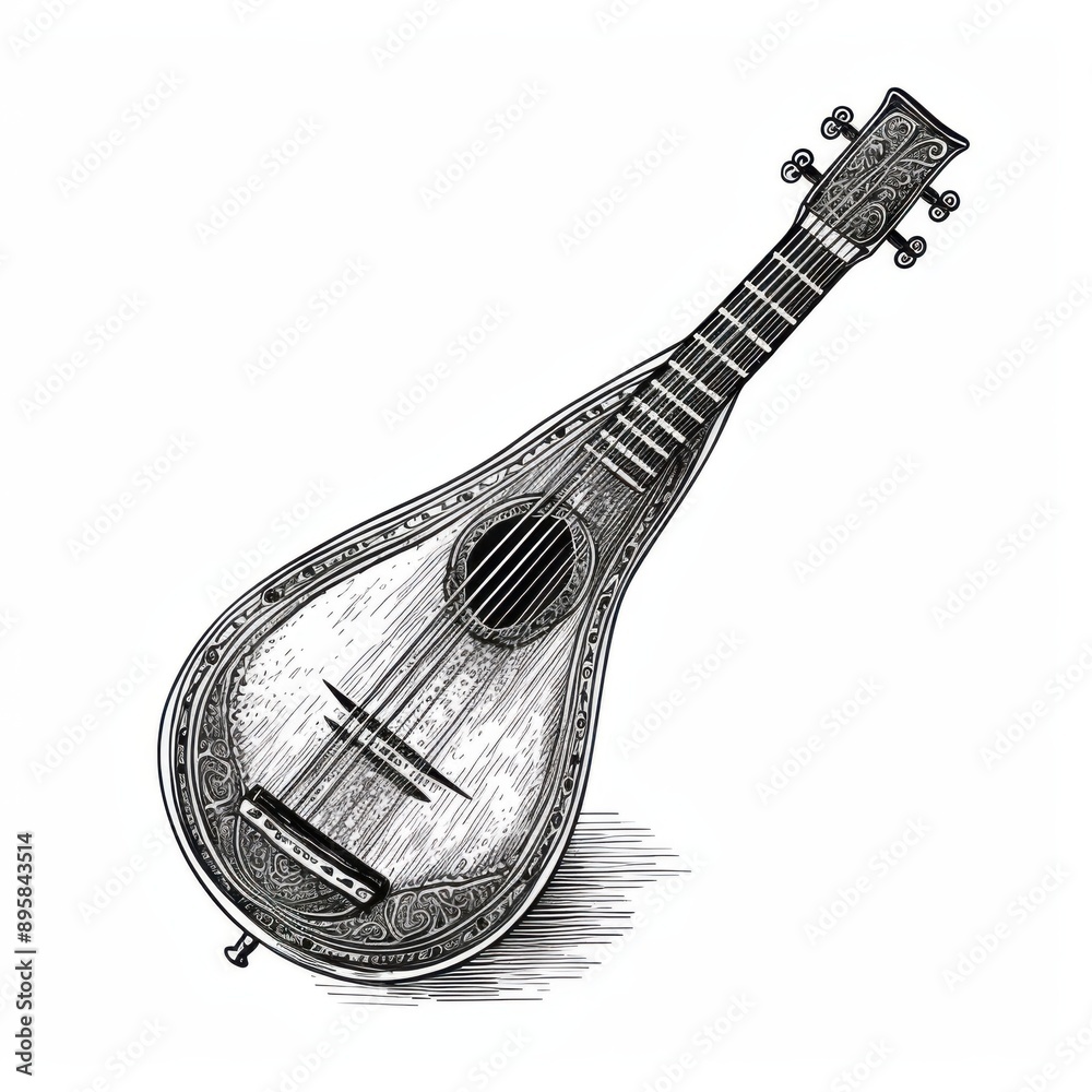 Black and white Vintage engraved art of a pipa isolated on white ...