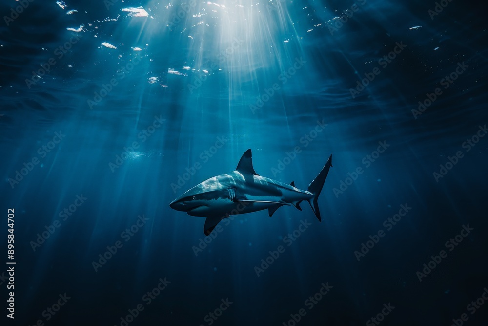 Captured in this photograph, a lone shark glides beneath the ocean ...