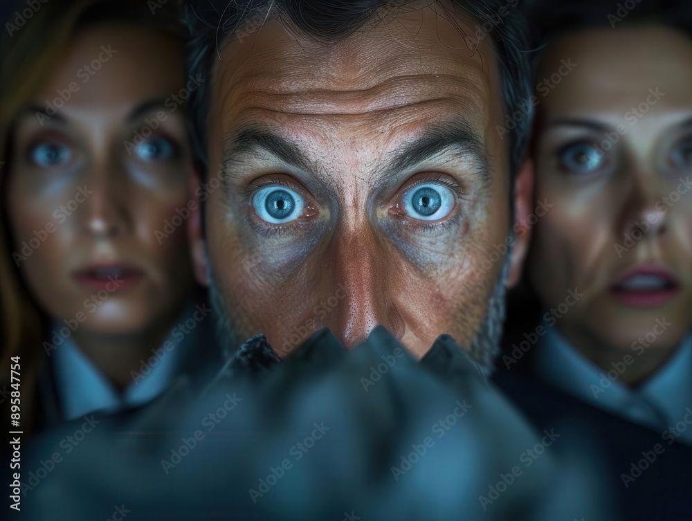 Three people, a man and two women, stare in fear at something unseen ...