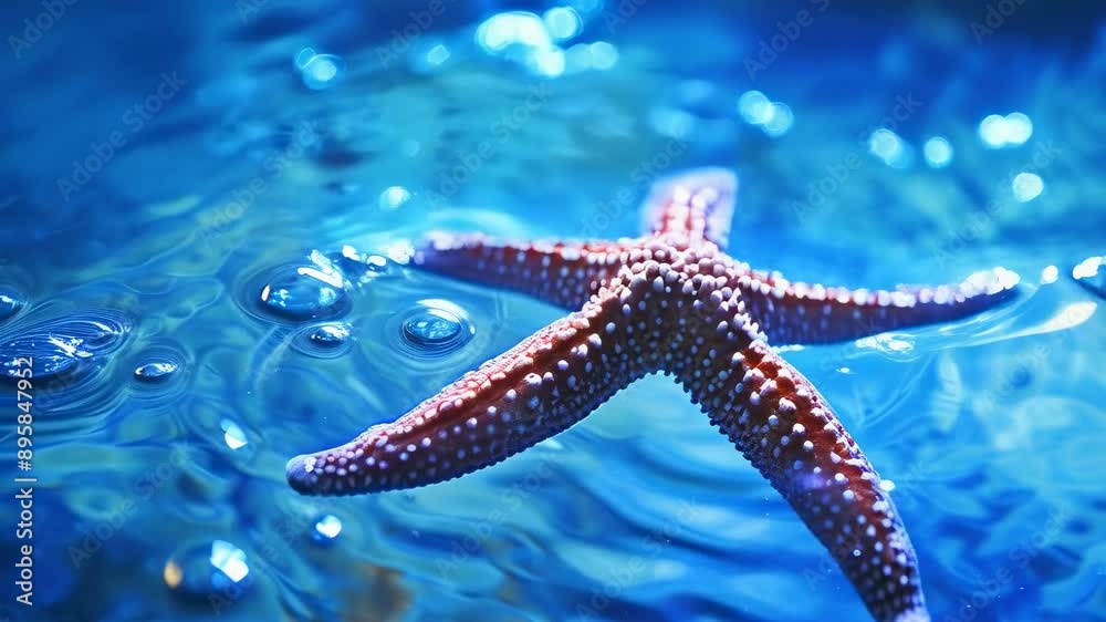 A vibrant blue starfish rests under rippling water, creating a ...