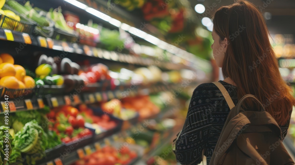 woman carefully comparing product labels in modern supermarket aisle ...