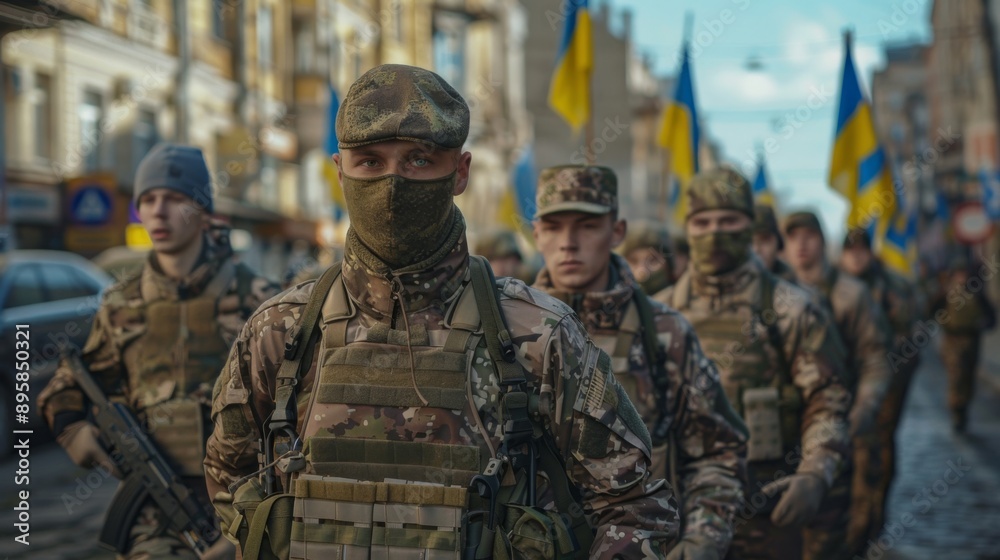 Military troops marching in city with flags. Soldiers in uniform march ...