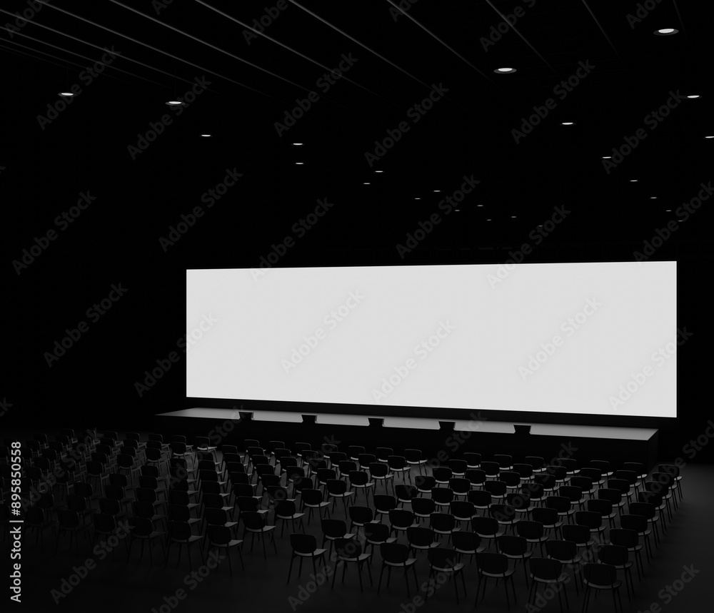 Presentation Hall audithorium empty with big blank screen mockup. Rows ...