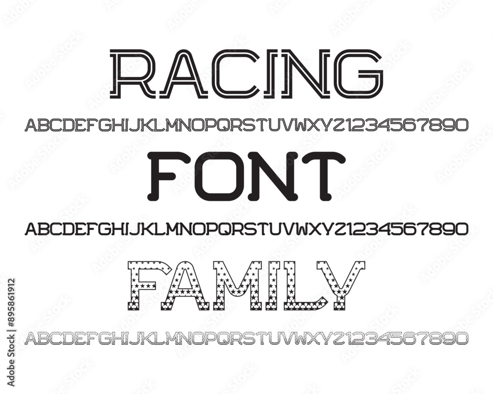 Racing font family. Alphabets and numbers in three similar styles ...