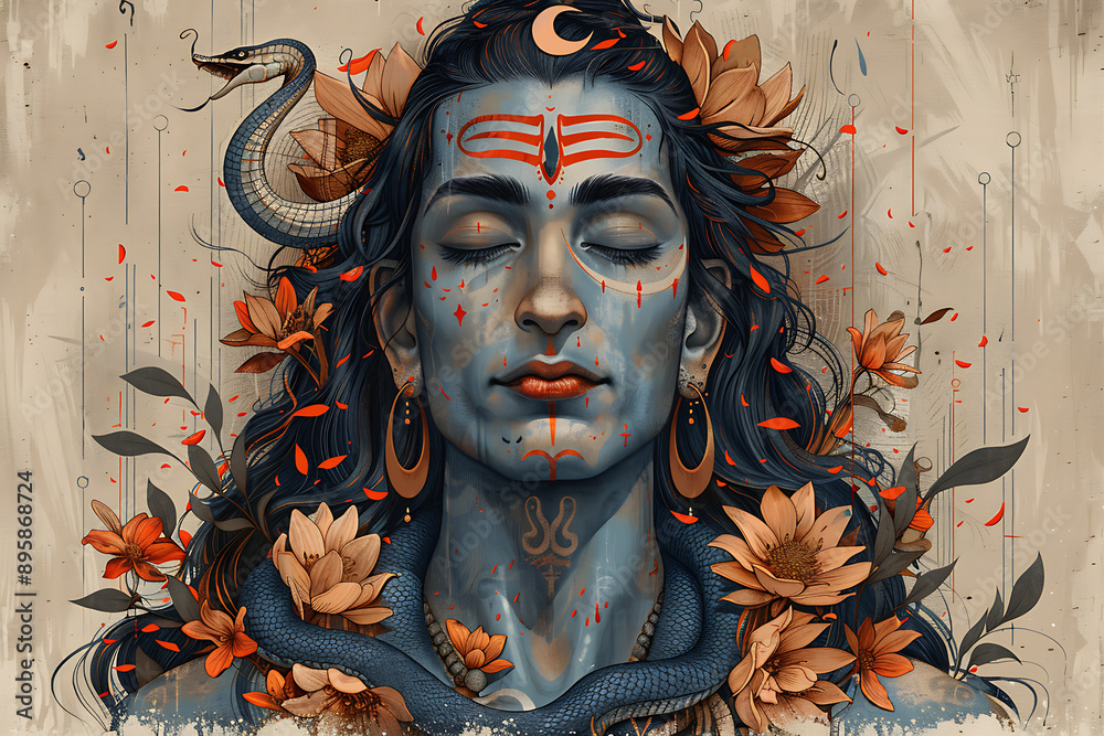 Shiva, a prominent deity in Hinduism, depicted with a crescent moon on ...