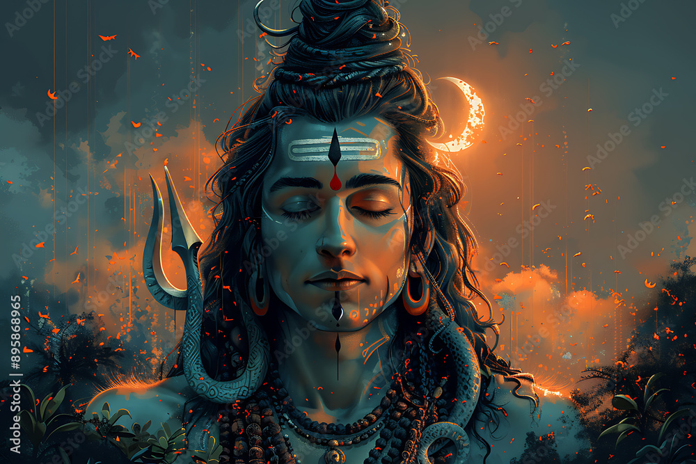 Shiva, a prominent deity in Hinduism, depicted with a crescent moon on ...