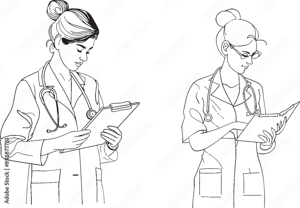 Drawing of young female doctor reading patient medical record on ...