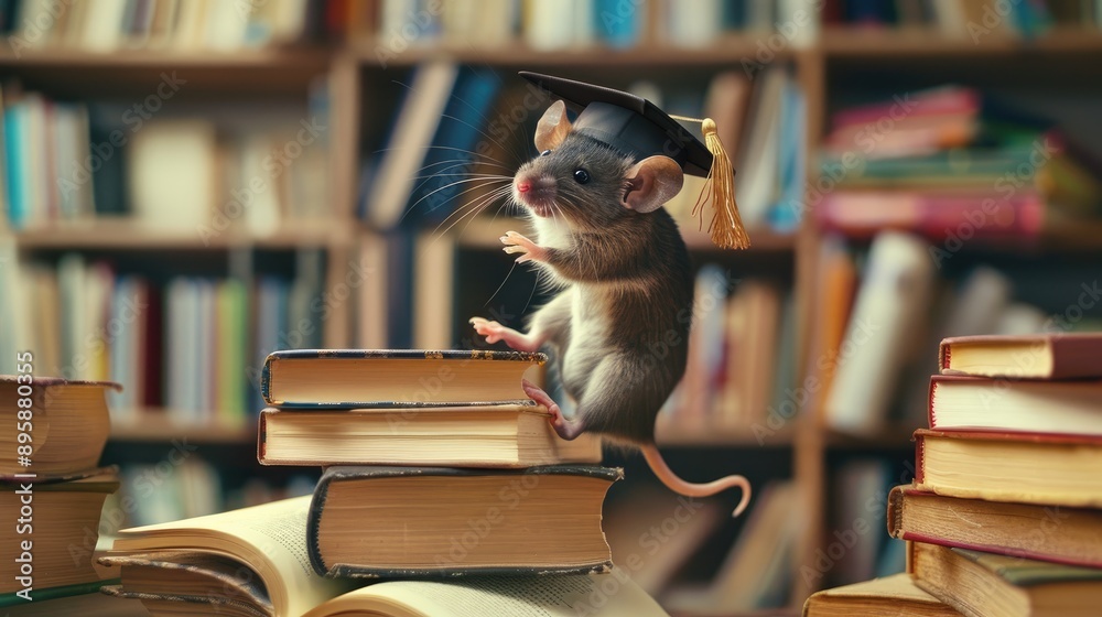 Cheerful scene of a mouse wearing a graduation cap and gown, jumping ...