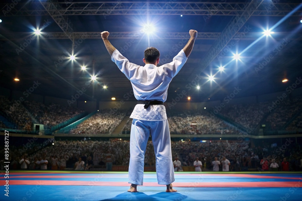 A karate athlete proudly raises his hands in the stadium in the light ...