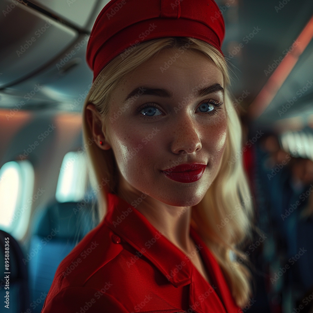 Medium-Shot Angle of A 20 year old blond airline stewardess, bright ...