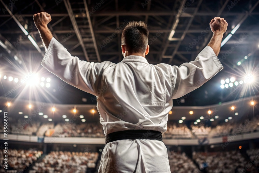 A karate athlete proudly raises his hands in the stadium in the light ...