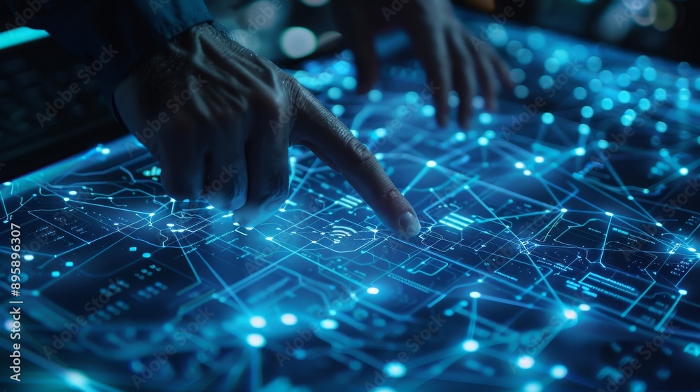 A boy creates a digital network with a touch pen on a holographic ...