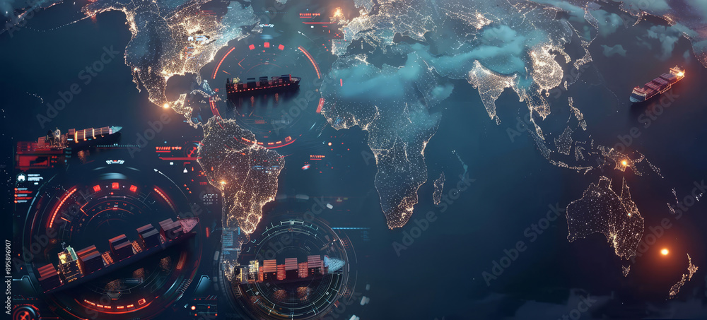 A world map with logistic network distribution on the background, and ...