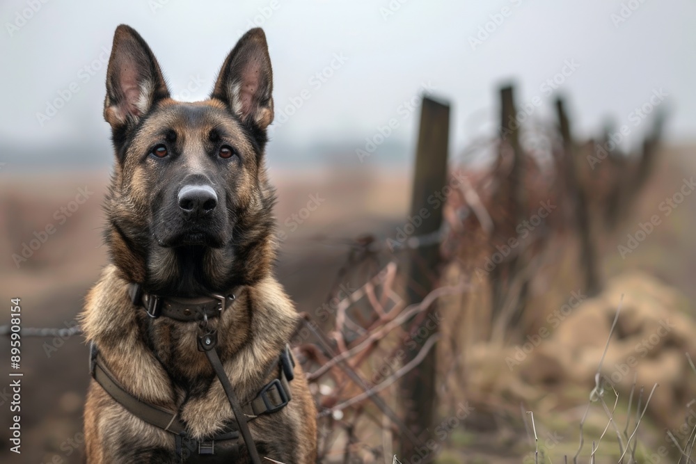 German Shepherd in tactical gear standing alertly beside a rusty fence ...