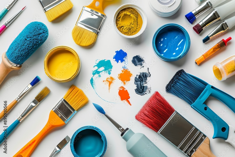 Various painting tools and supplies arranged artistically, including ...