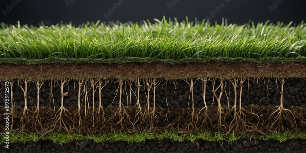 Cross-section of green grass turf with visible soil and roots The image ...