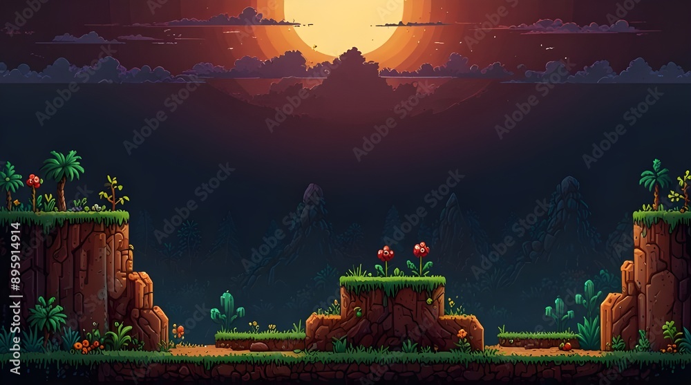 Pixel art game background with button level up Game design concept in ...