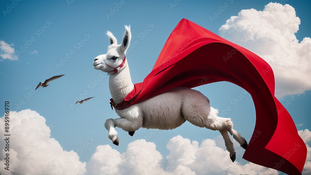 Super Llama wearing red cape flying in the sky, blue skies, sun ...