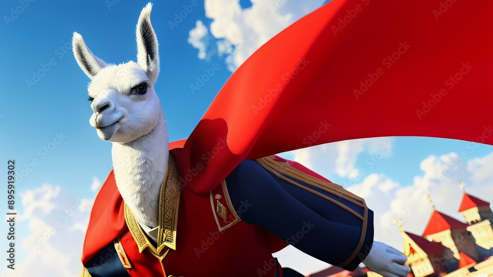Super Llama wearing red cape flying in the sky, blue skies, sun ...
