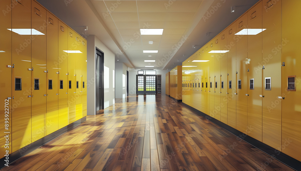 Modern school hallway with yellow lockers and wooden floor, illuminated ...