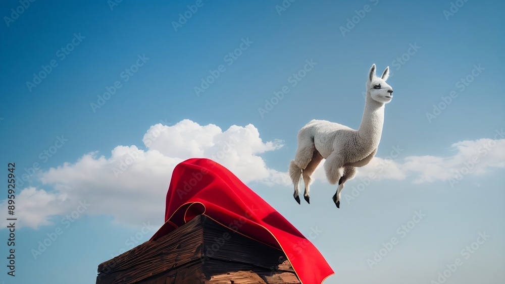 Super Llama wearing red cape flying in the sky, blue skies, sun ...