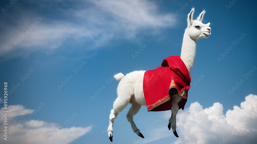 Super Llama wearing red cape flying in the sky, blue skies, sun ...