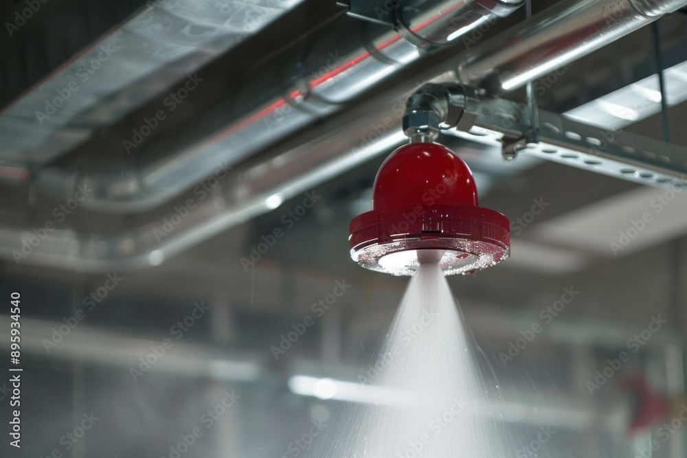 Indoor fire suppression system. White Smoke detector and water sprayer ...