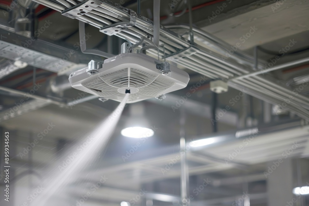 Indoor fire suppression system. White Smoke detector and water sprayer ...