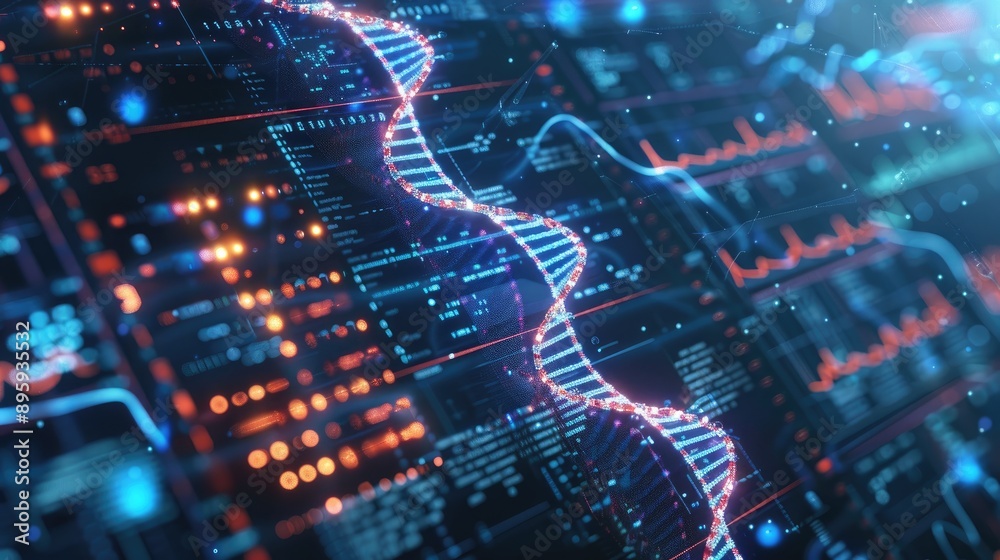 Futuristic medical screen, DNA hologram background, science data ...