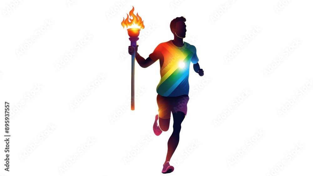 A runner carrying a torch and a France Flag colorful rainbow emerges ...