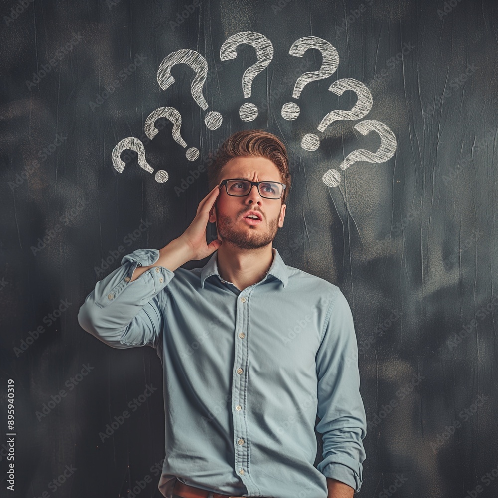 Man standing with a confused look, surrounded by question marks on a ...