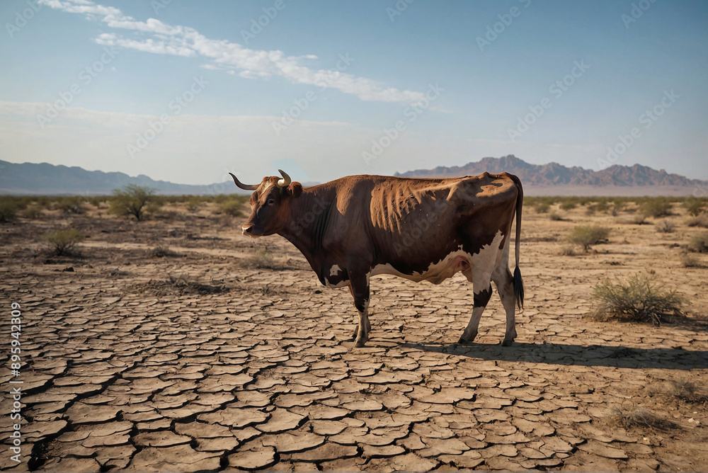 Skinny cow on a once verdant grass land now scorch dry by severe ...