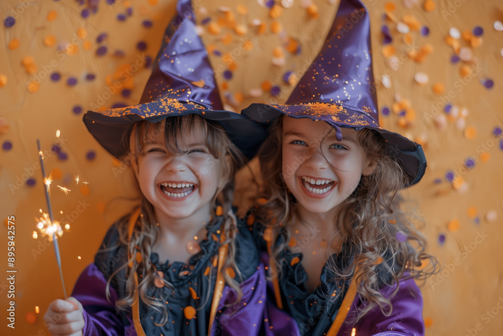 cute little girl witches in purple and black robes, brightly lit ...