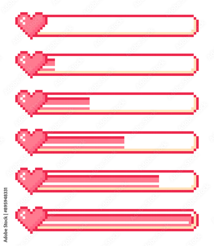 Set of pink hearts and life meters in pixel style. Pixel game life ...