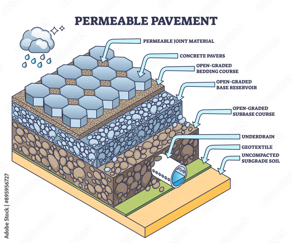 Permeable pavement as porous material usage for road layers outline ...