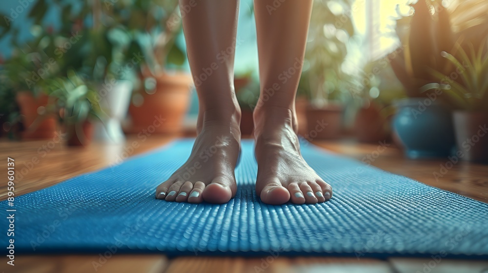 Bare feet on blue yoga mat, close-up view, wooden floor background ...