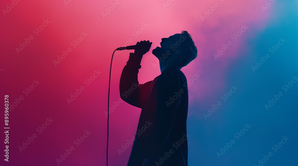 Teen boy vocalist on stage with dramatic lighting, singing passionately ...