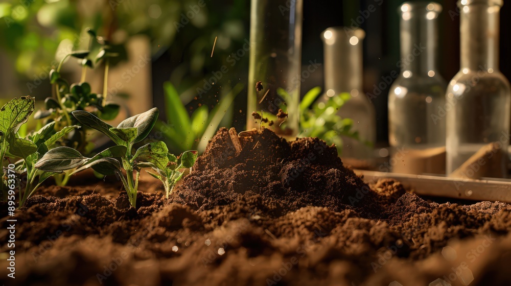 Detailed view of an environmental science experiment, featuring soil ...