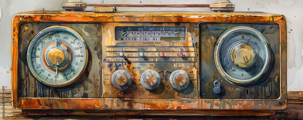 A watercolor painting of a vintage radio with its rotary dials and ...