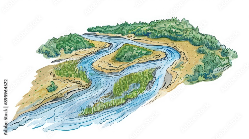 ภาพประกอบสต็อก Diagram of a river delta, showing how sediment is ...