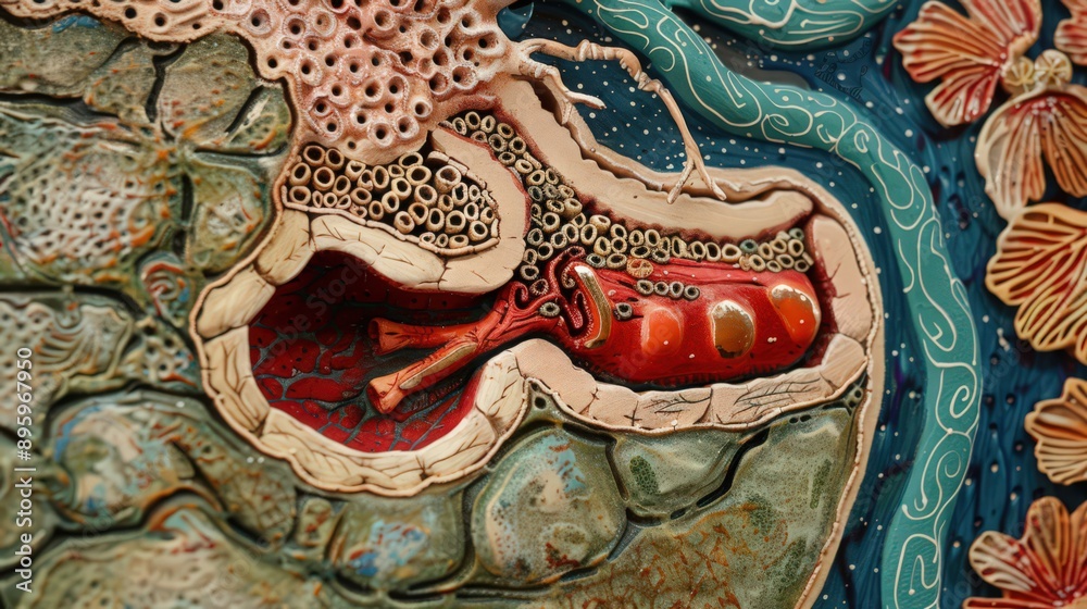 Diagram of an ulcer, showing erosion of the stomach or intestinal ...