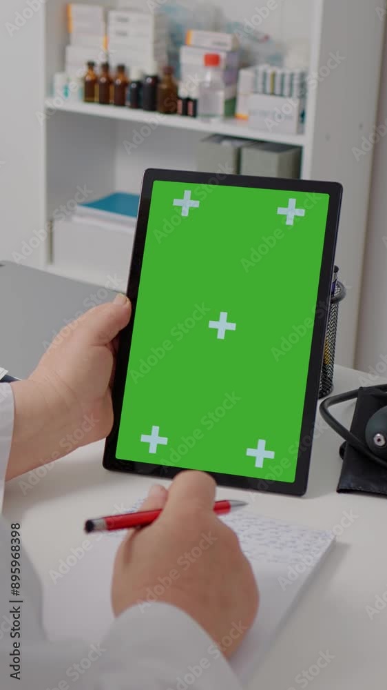 Vertical Screen: Doctor holds green screen mockup vertical tablet on ...