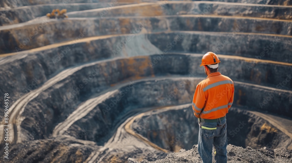 Mining engineer inspecting massive open-pit mine, overseeing the ...